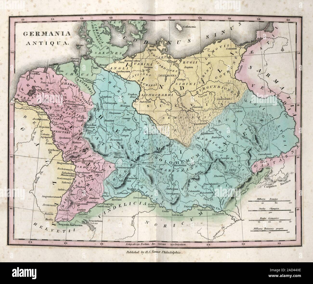 Map of Ancient Germania, 19th century. This map is divided by colour ...