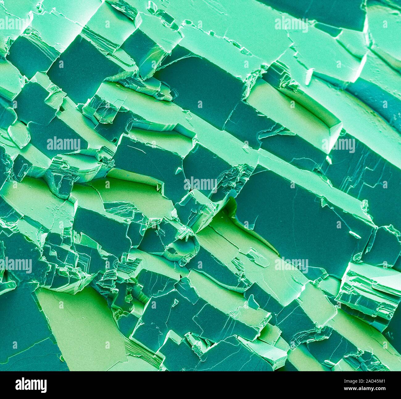Malachite. Coloured scanning electron micrograph (SEM) of fractured ...