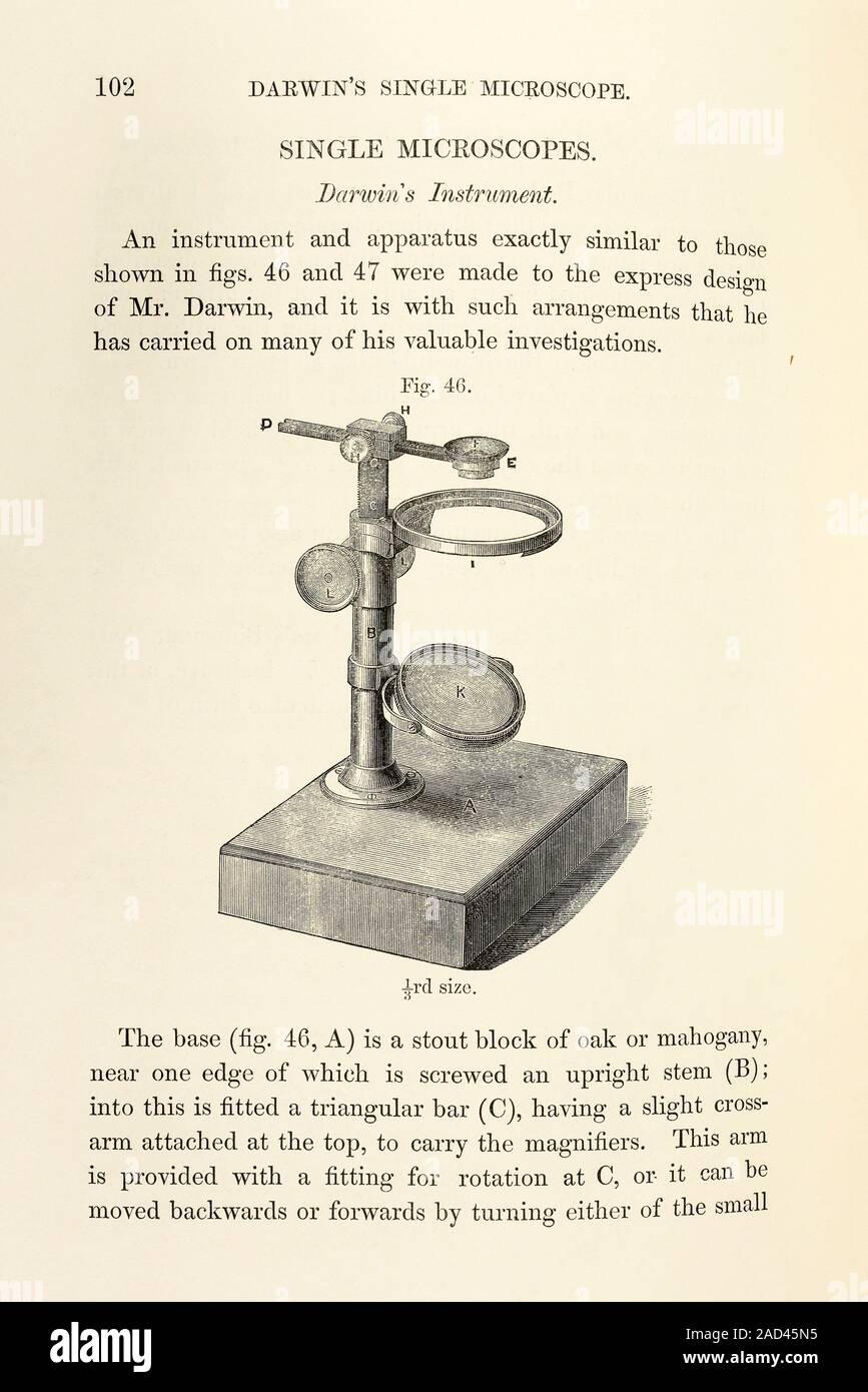 Charles Darwin's microscope. 19th-century page and illustration of a ...