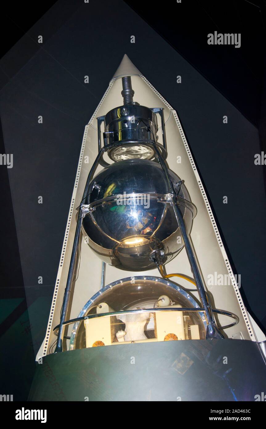 An engineering model of the Soviet Sputnik 2 spacecraft on display at ...