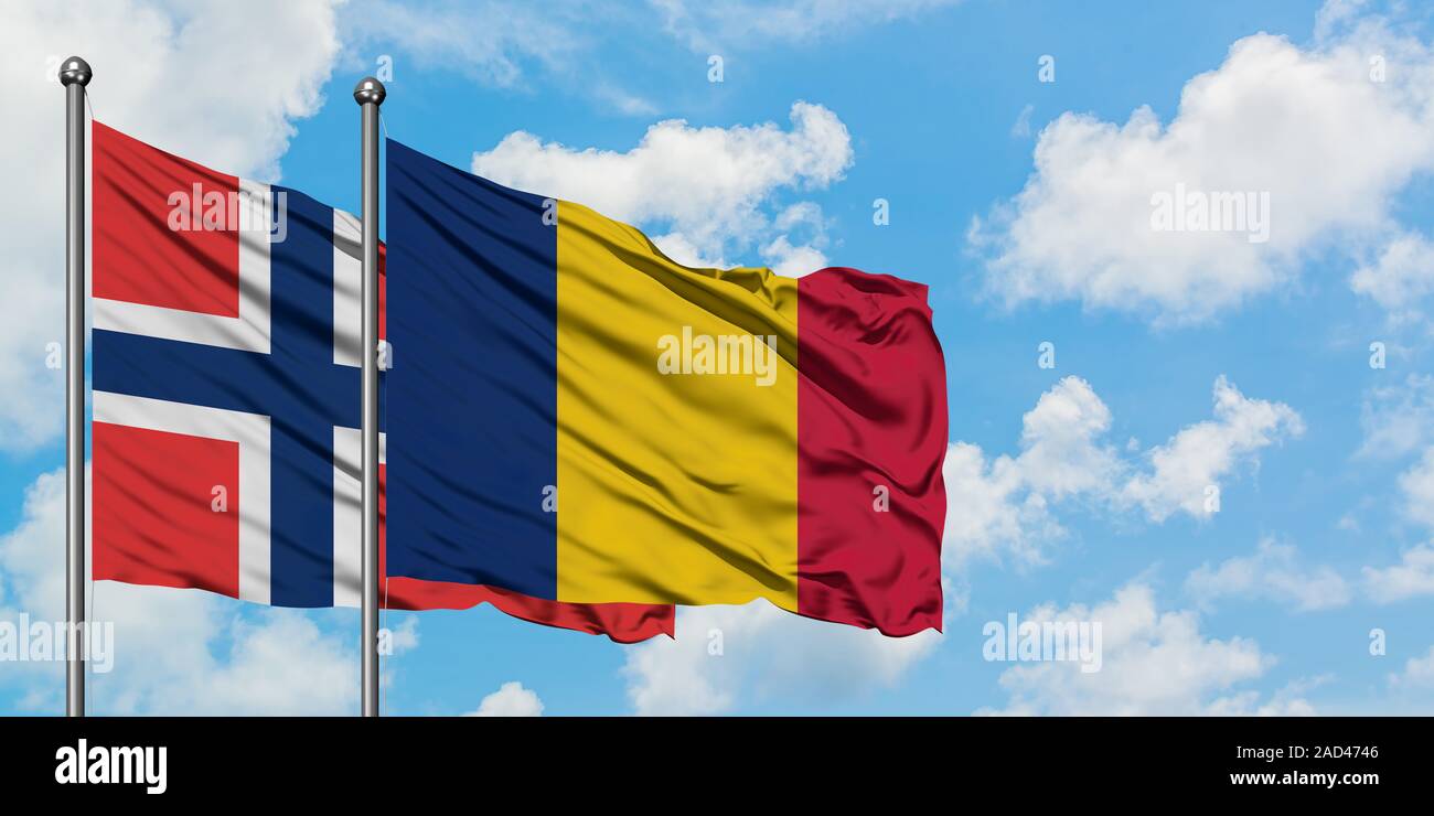 Norway and Chad flag waving in the wind against white cloudy blue sky ...