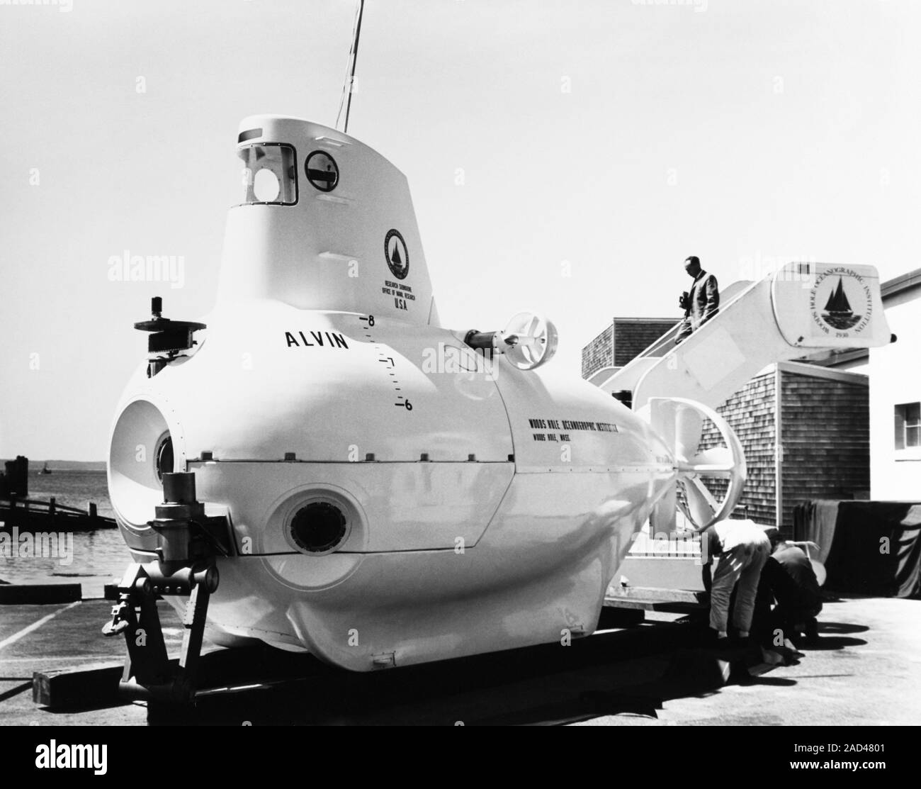 Submersible Alvin at Woods Hole. Port-side view of the submersible ...