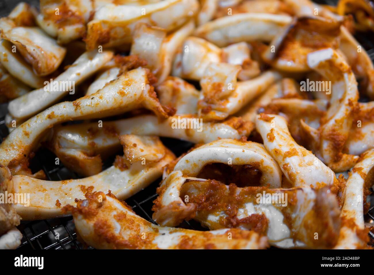 Squid grill on hot charcoal hot fire tasty delicious sea food. Grilled ...