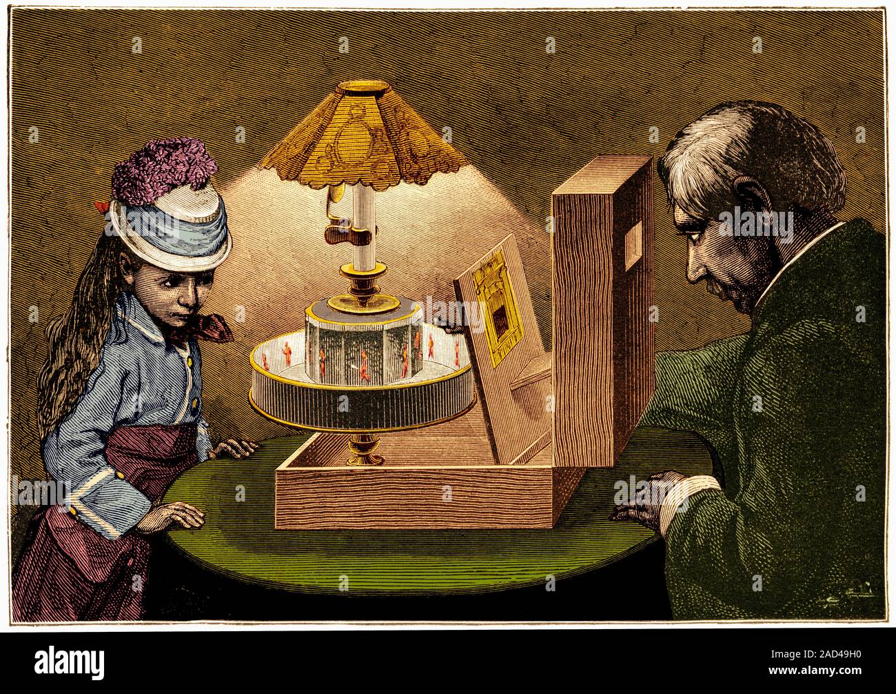 19th century illustration of a praxinoscope theatre. In 1876, Reynaud ...
