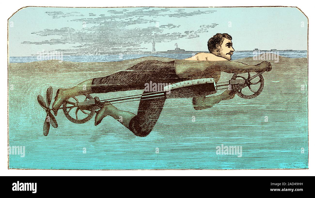 19th century illustration of a swimming machine invented in 1800 by a ...