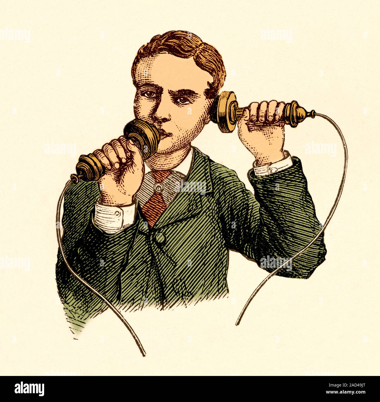 19th century illustration of the proper use of a Bell telephone, where ...
