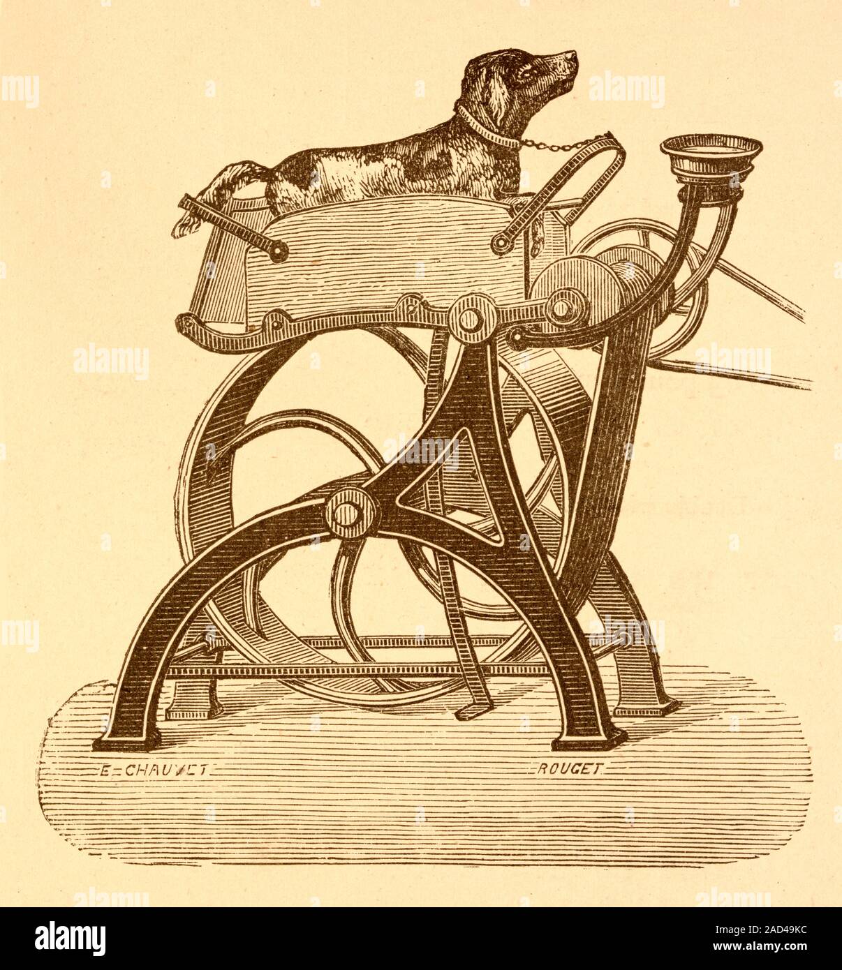 19th century Illustration of a dog-powered sewing machine. This machine ...