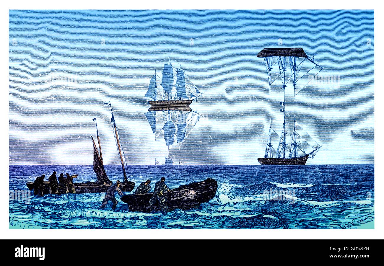 19th centruy illustration of superior and inferior mirages. A mirage is ...