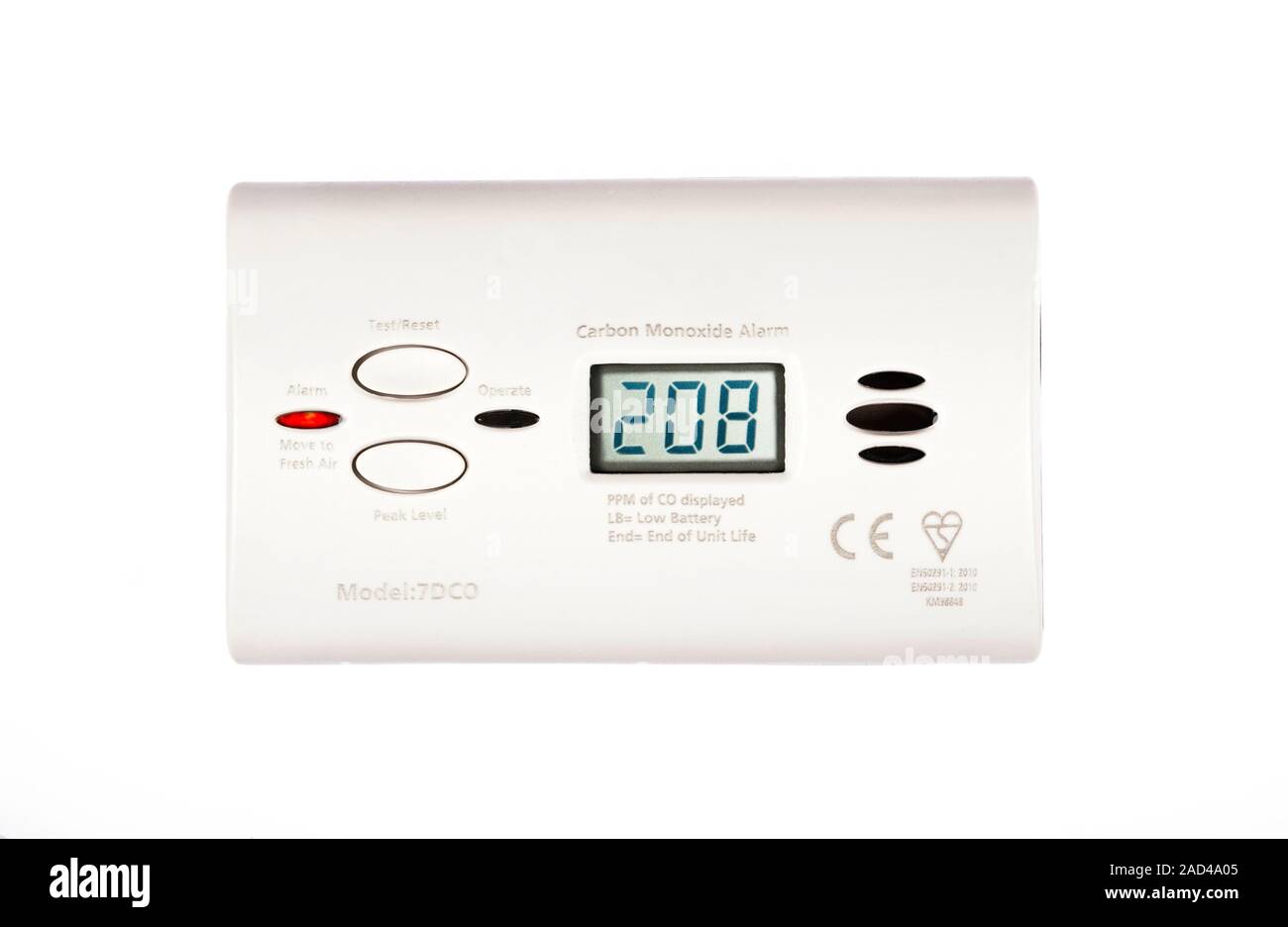 Carbon monoxide alarm showing dangerous levels. Carbon monoxide (CO) is ...