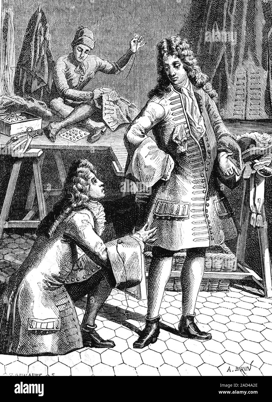 17th Century taylor. 1690 illustration of a tailor measuring a client ...