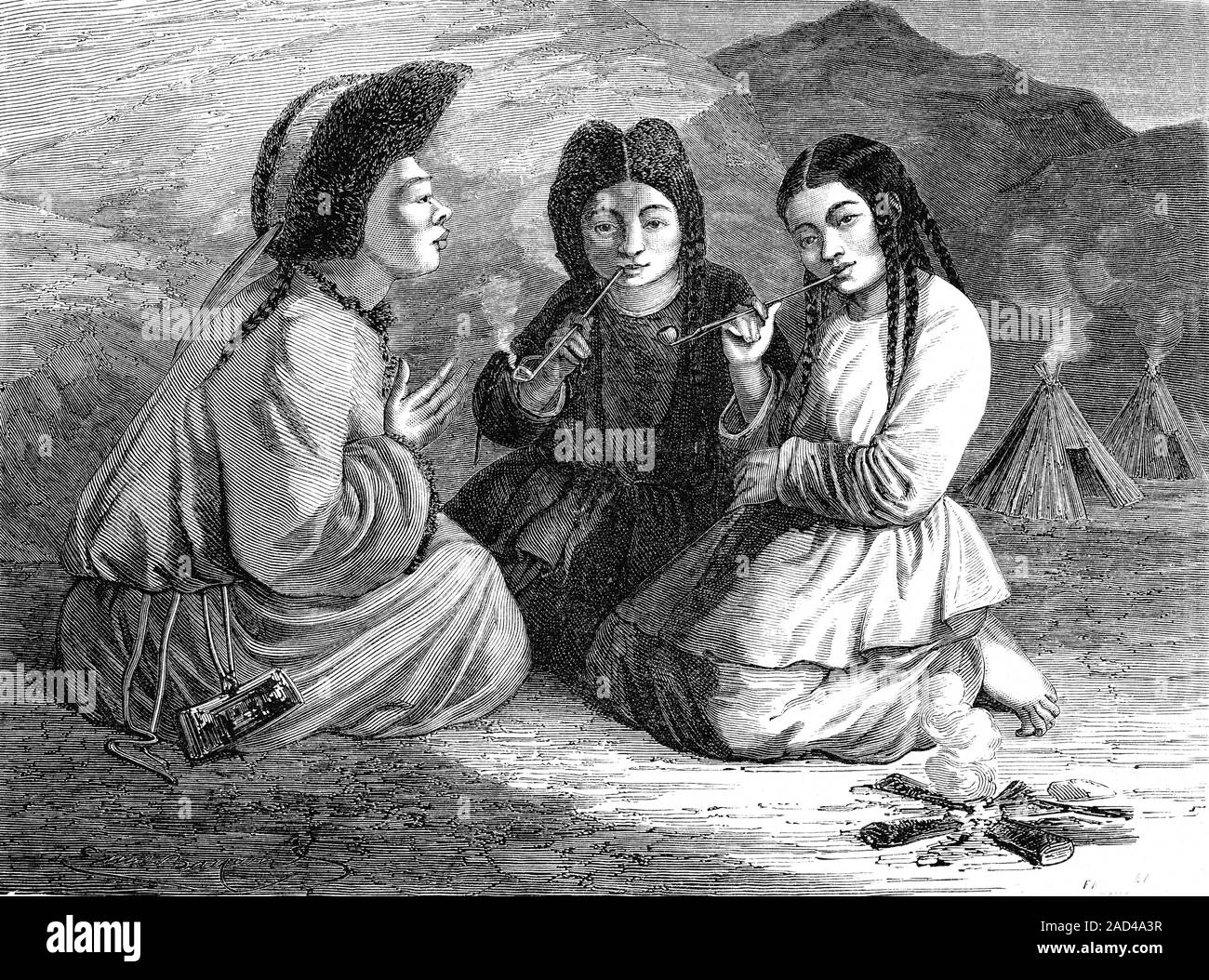 19th Century Khalkha women. 1865 illustration of Khalkha women smoking ...