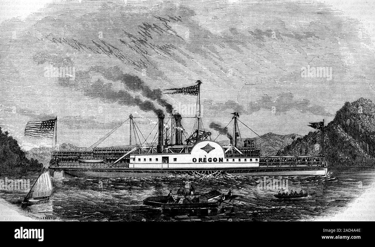 19th Century paddle steamer. 1889 illustration of a steam-powered ...
