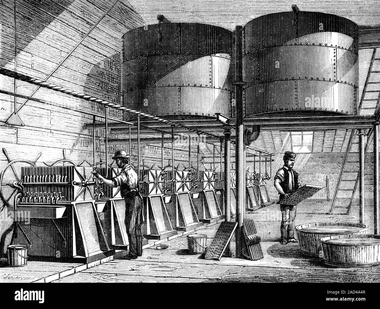 19th Century sugar factory. 1874 illustration of workers in a sugar ...