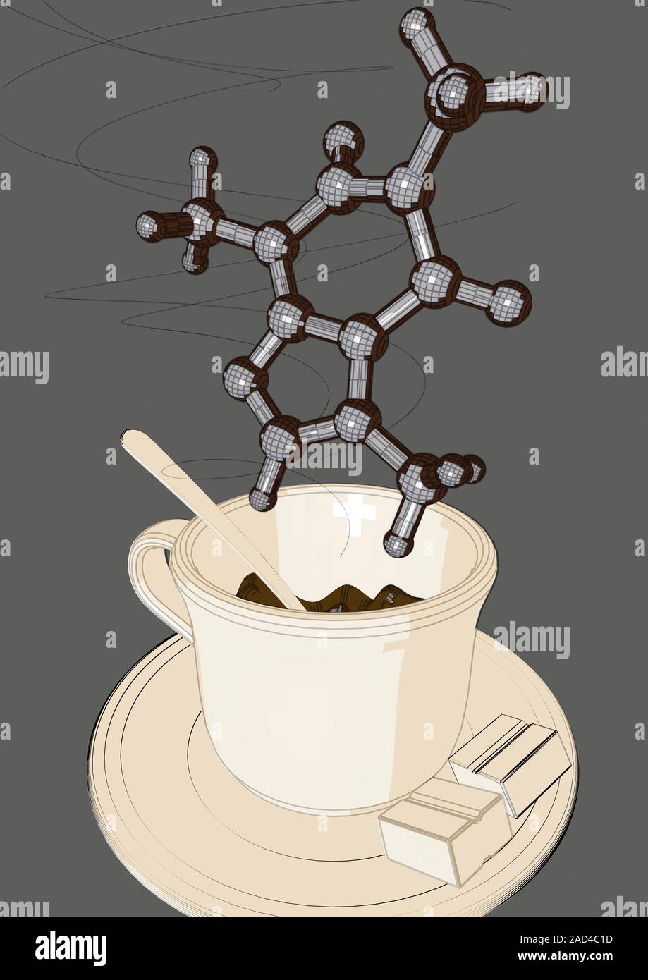 Caffeine molecule. Computer illustration showing the structure of a ...