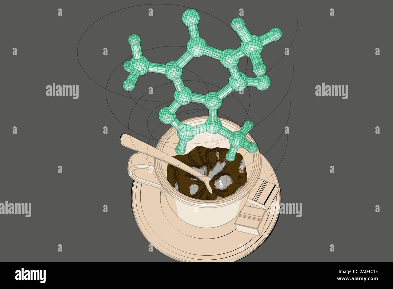 Caffeine molecule. Computer illustration showing the structure of a ...