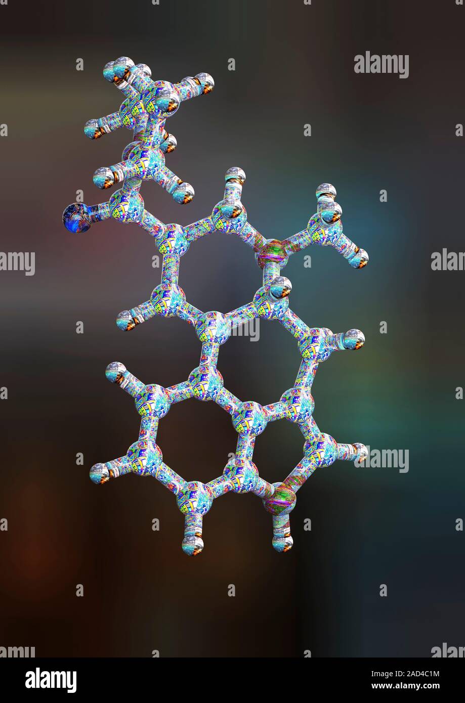 LSD drug molecule. Computer illustration showing the structure of a ...
