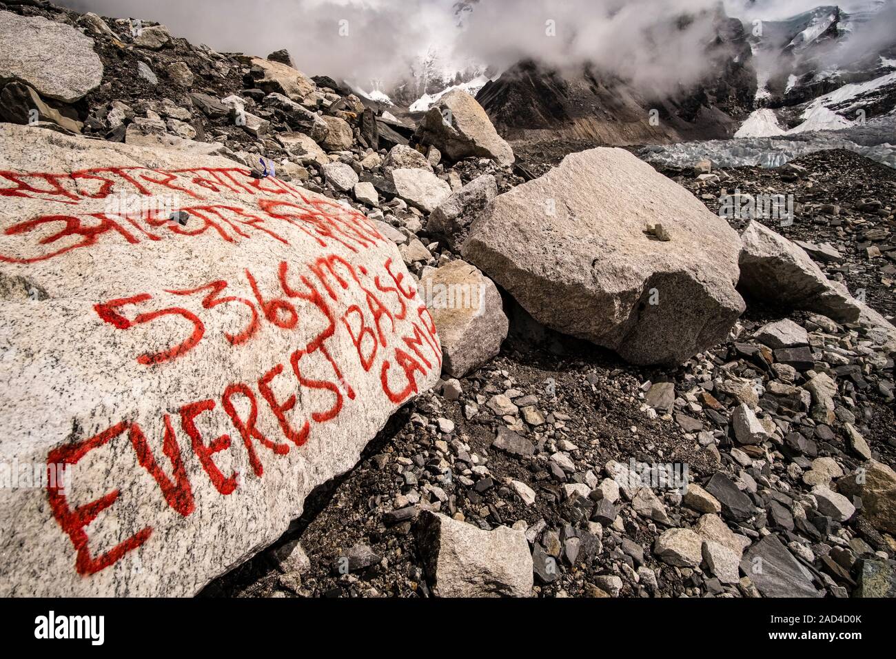 Everest Base Camp 5364 m, written on a big rock on Khumbu glacier Stock ...