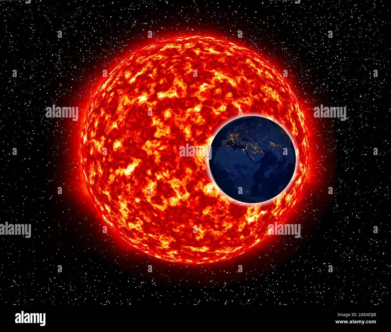 Earth and Sun. Computer illustration of the Earth in front of the Sun ...