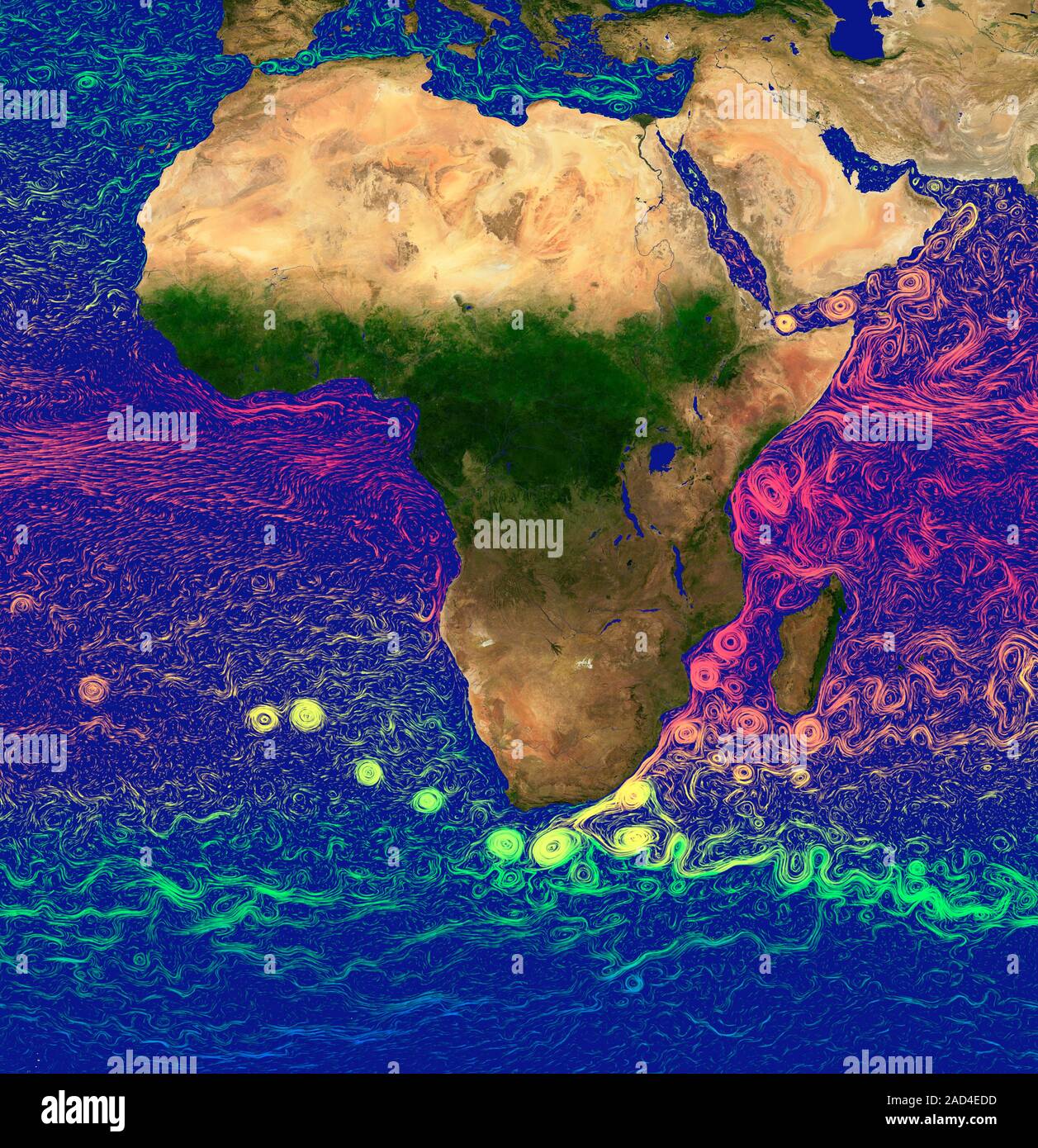Agulhas ocean currents, southern Africa. Satellite-based graphic ...