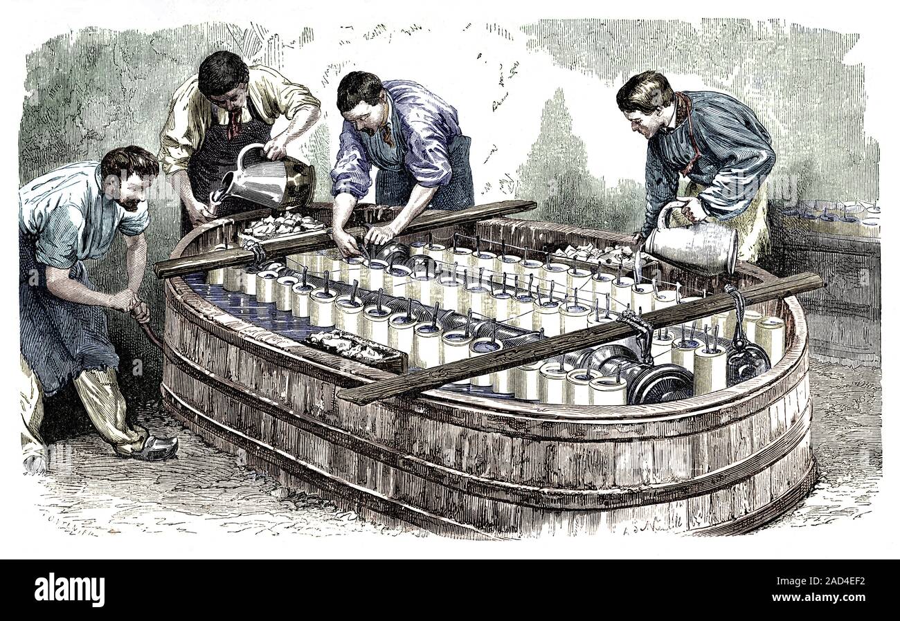 Electroplating industry, 19th century. Illustration of workers filling ...