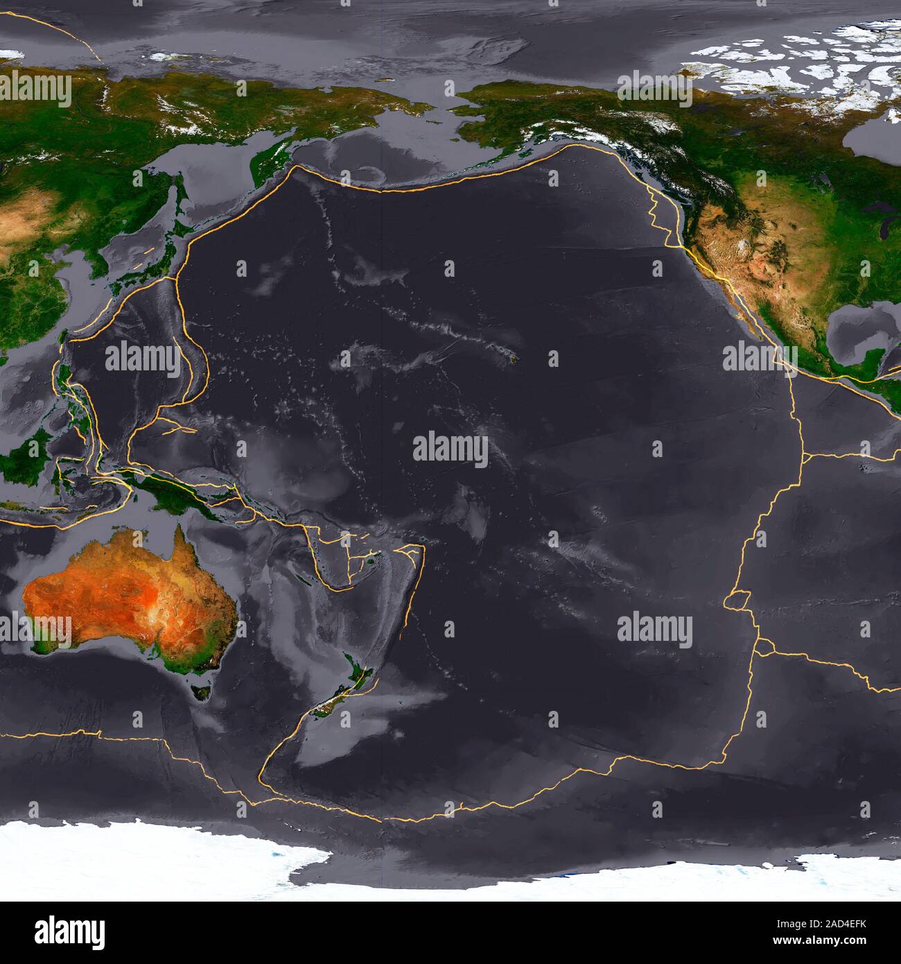 Global tectonics. Satellite-based map of a projection centred on the ...