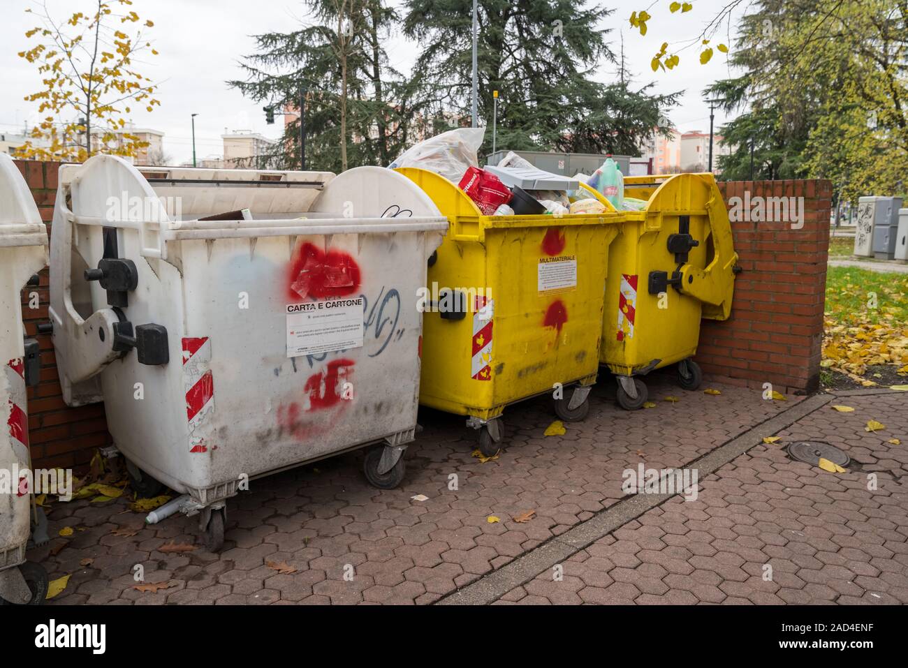 Milan, Italy - December 02, 2019: selective waste collection bins, big ...