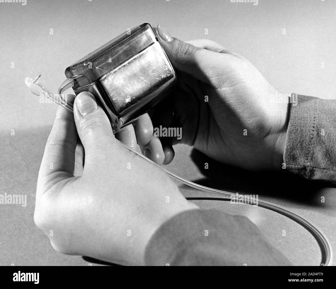 Nuclear-powered pacemaker. Display model of a nuclear-powered heart ...