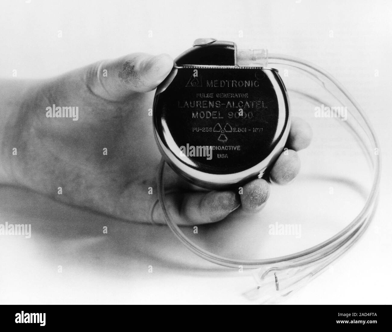 Nuclear-powered pacemaker. 1970s Medtronic cardiac pacemaker containing ...