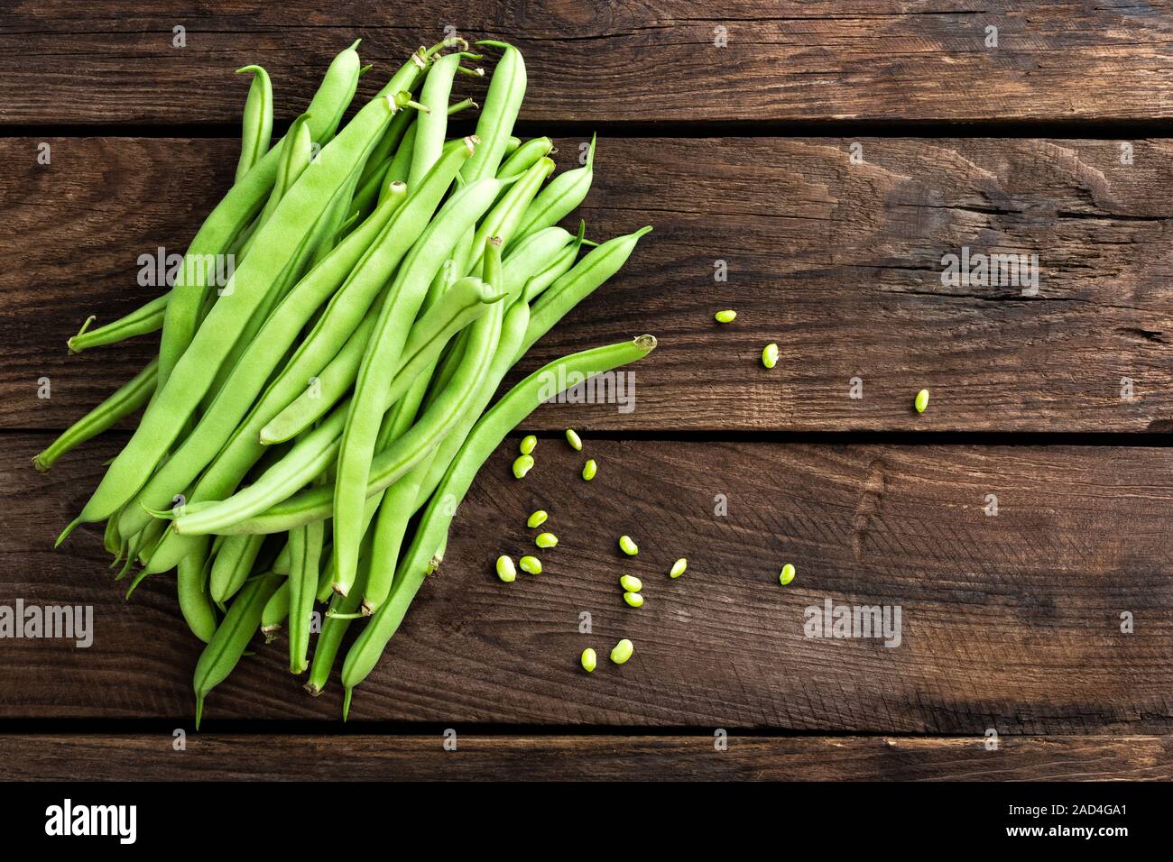 Fresh green beans on dark wooden rustic background top view copy space ...