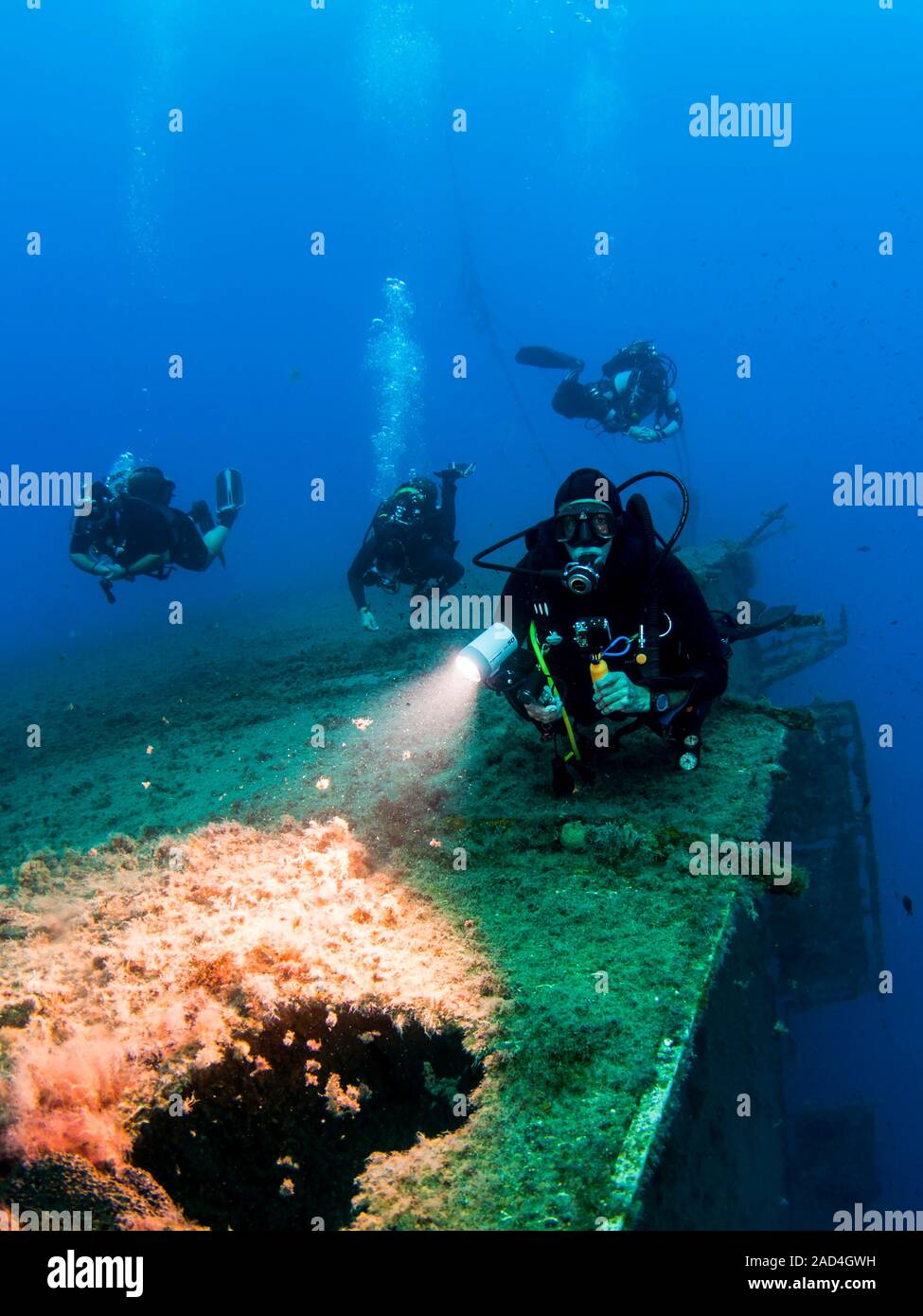 Diver at the MS Zenobia shipwreck. MS Zenobia was a Swedish built ...