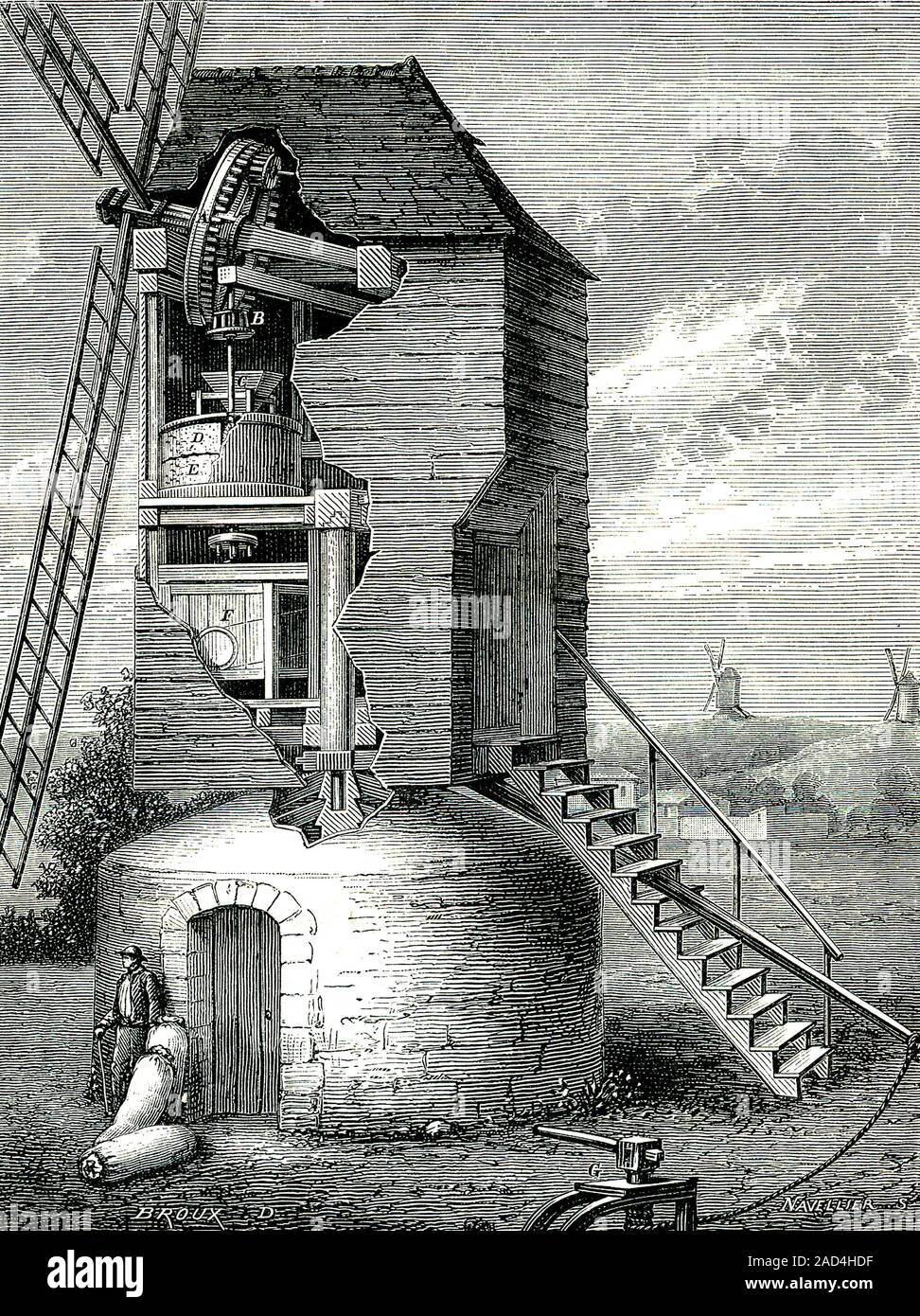 17th Century windmill. 1868 illustration of a windmill used for ...