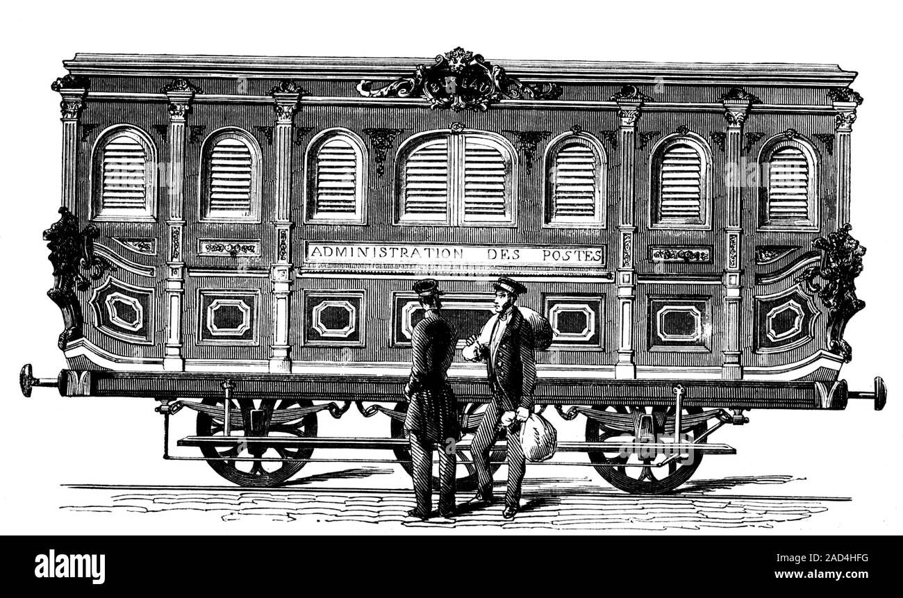 19th Century post office rail carriage. 1858 illustration of two postal ...