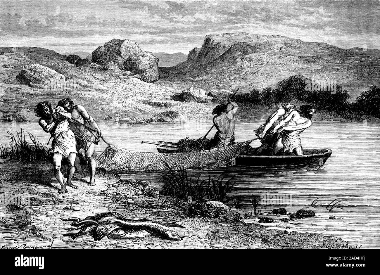 Prehistoric fishermen, 1872 illustration Stock Photo - Alamy