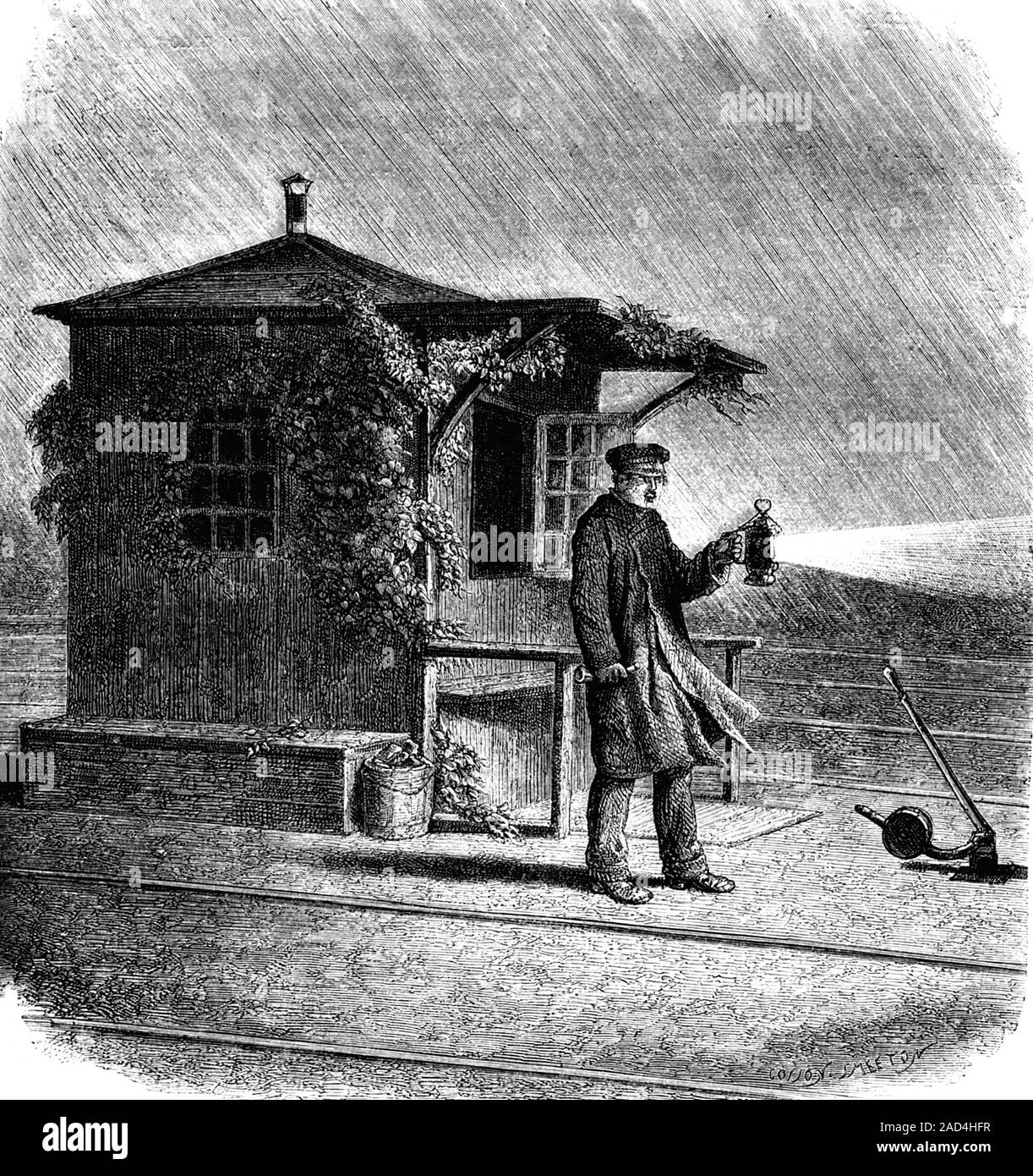 19th Century railway pointsman. 1872 illustration of a pointsman ...