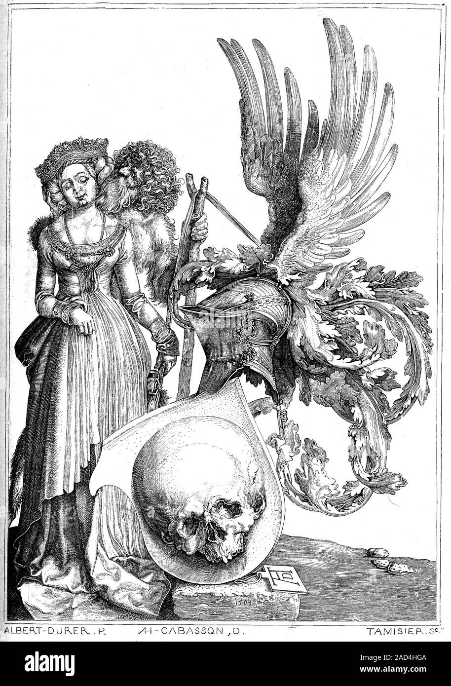 Durer's skull armorial. 1872 illustration of an artwork by the German ...