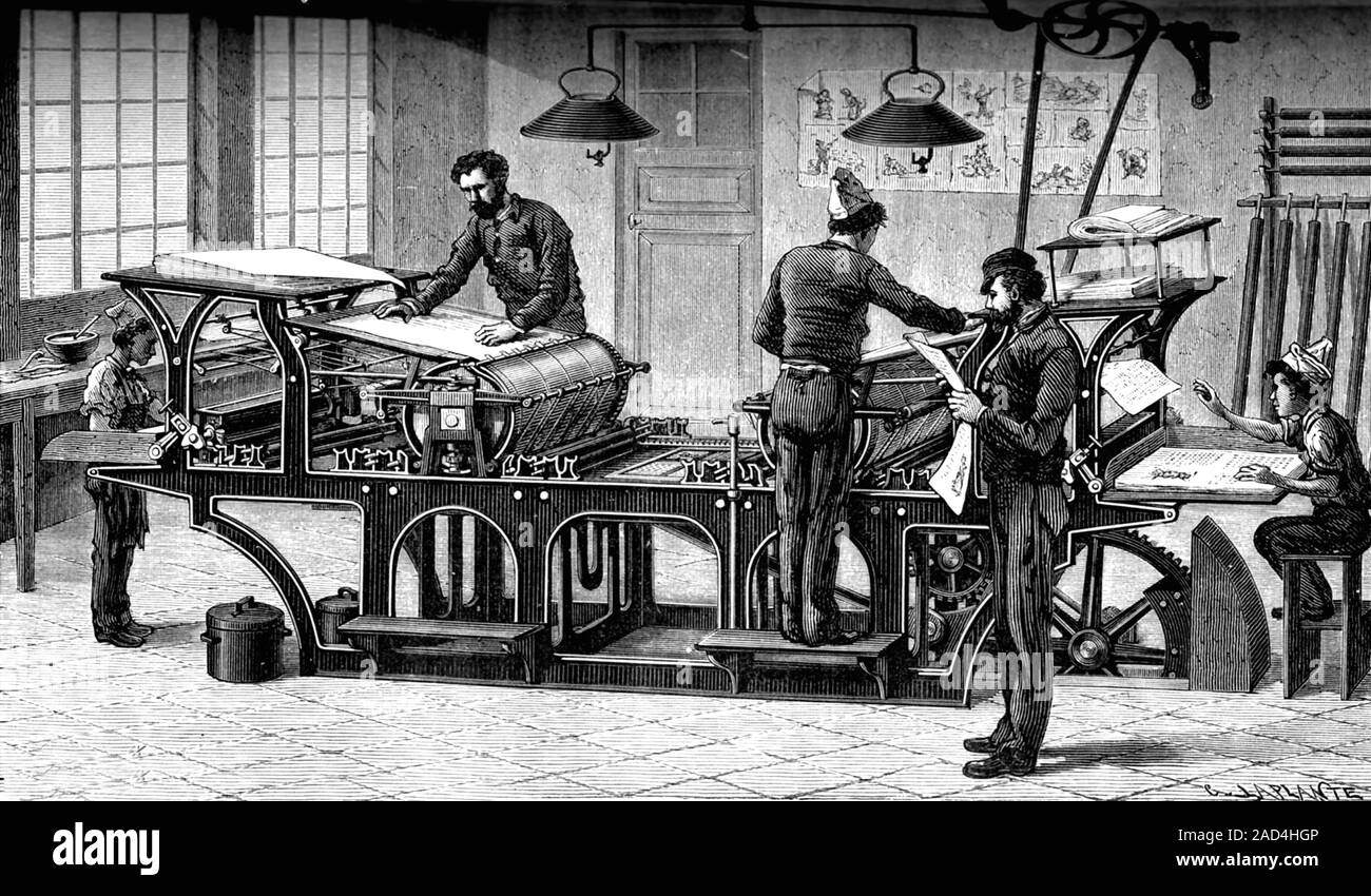 19th Century steam printing. 1880 illustration of men using a steam ...