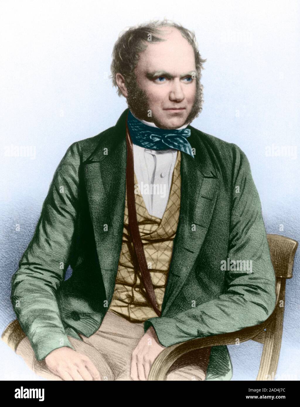 Coloured lithograph of Charles Darwin (1809-1882), the British ...