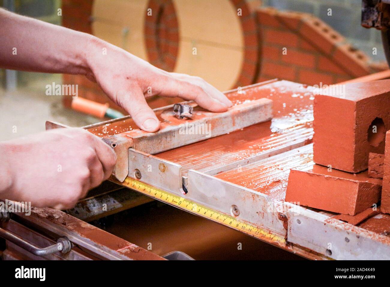 Brick working demonstration. Close-up of a craftsman demonstrating his ...