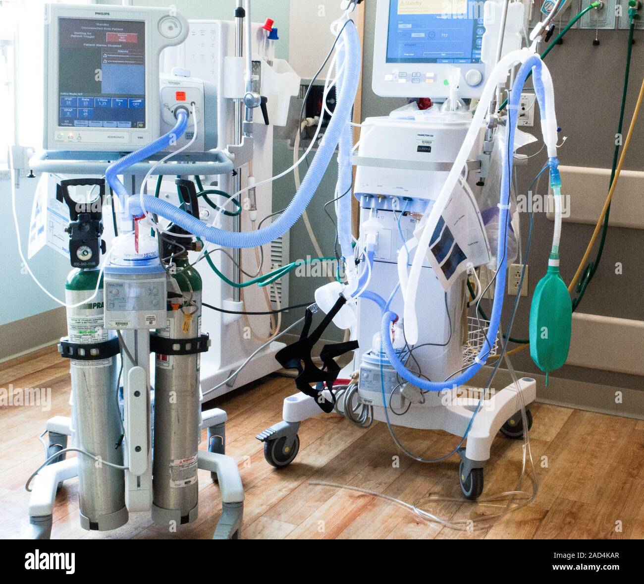 Hospital ventilators in an intensive care unit (ICU). Ventilators are ...