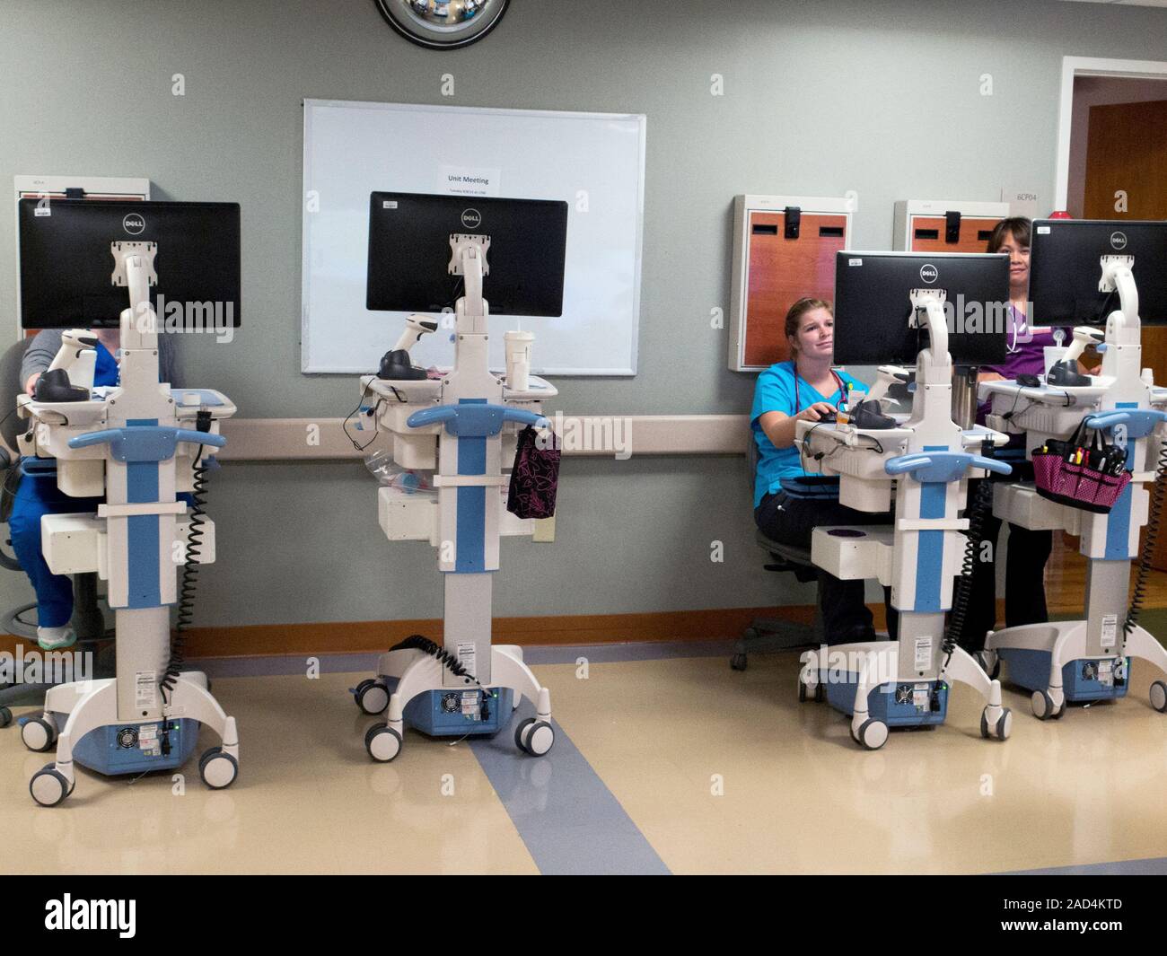 Nurses at computer workstations. Nurses at a row of computer ...