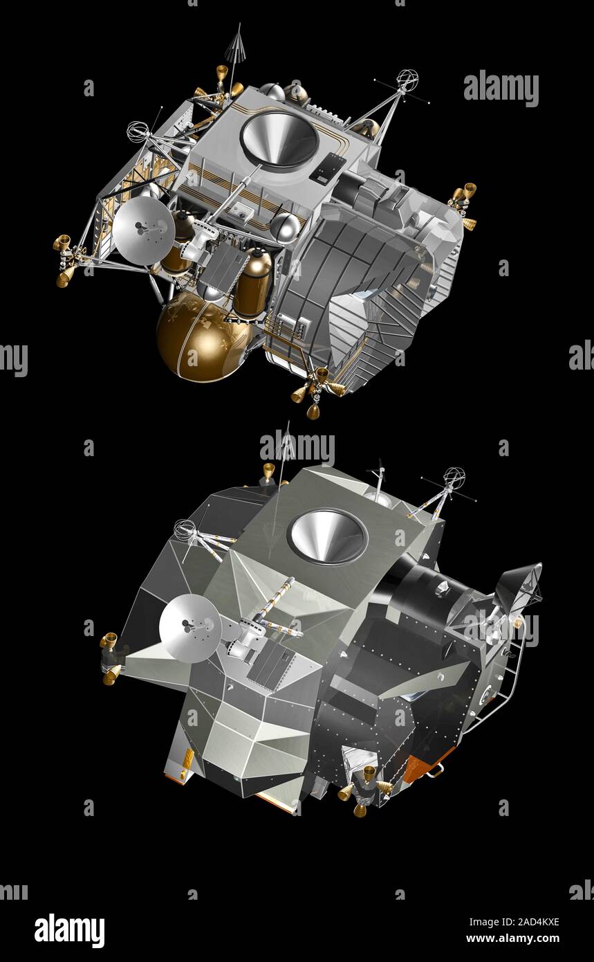 Apollo lunar module. Illustrations of cutaway view (top) and external ...