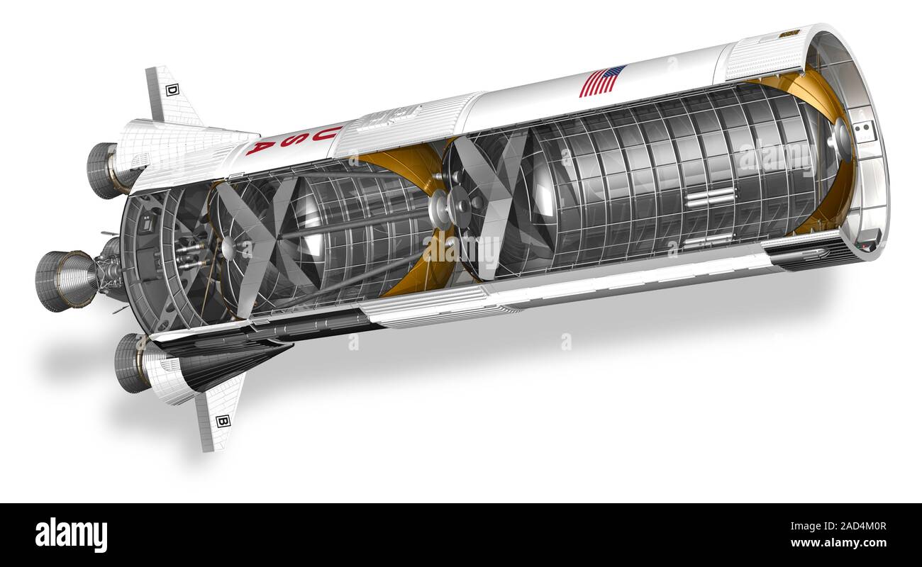 Saturn V rocket. Cutaway illustration of the first stage (S-1C) of the ...
