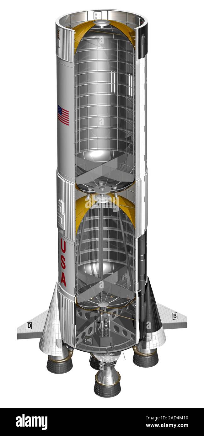 Saturn V rocket. Cutaway illustration of the first stage (S-1C) of the ...