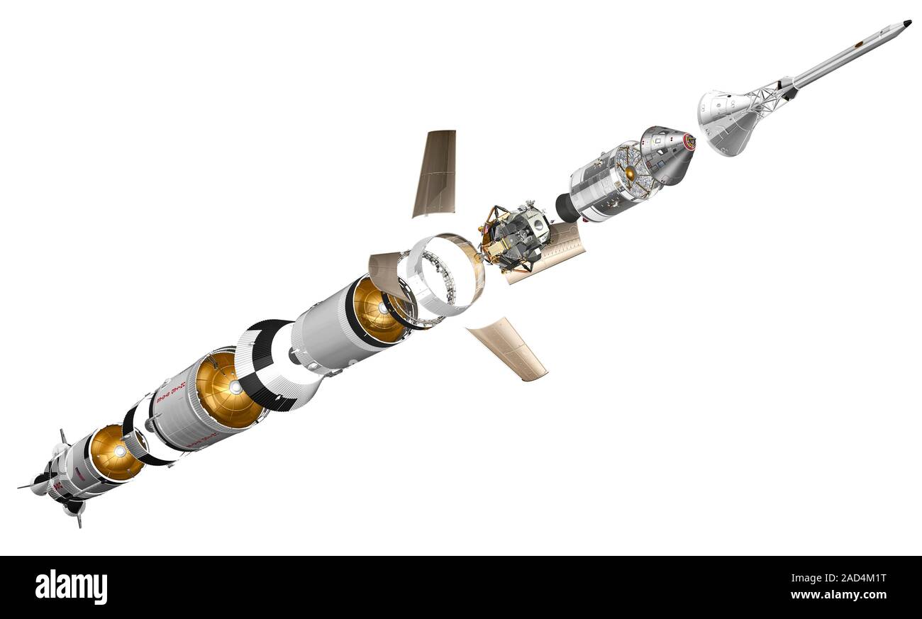 Apollo programme Saturn V rocket, exploded view. The Saturn V was the ...