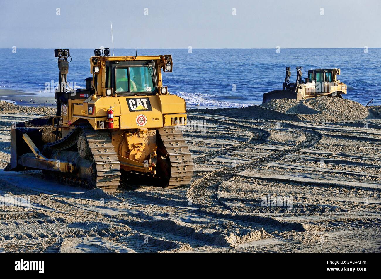 Beach conservation. Diggers being used to rebuild eroded beaches at ...