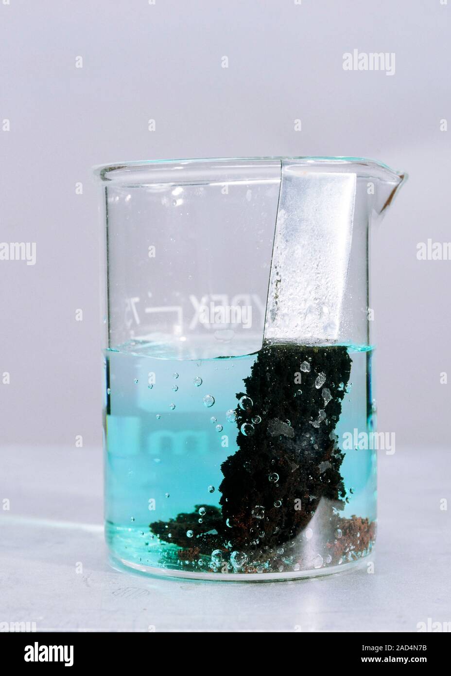 Nickel displacing copper. Nickel (Ni) strip in a solution of copper (II ...