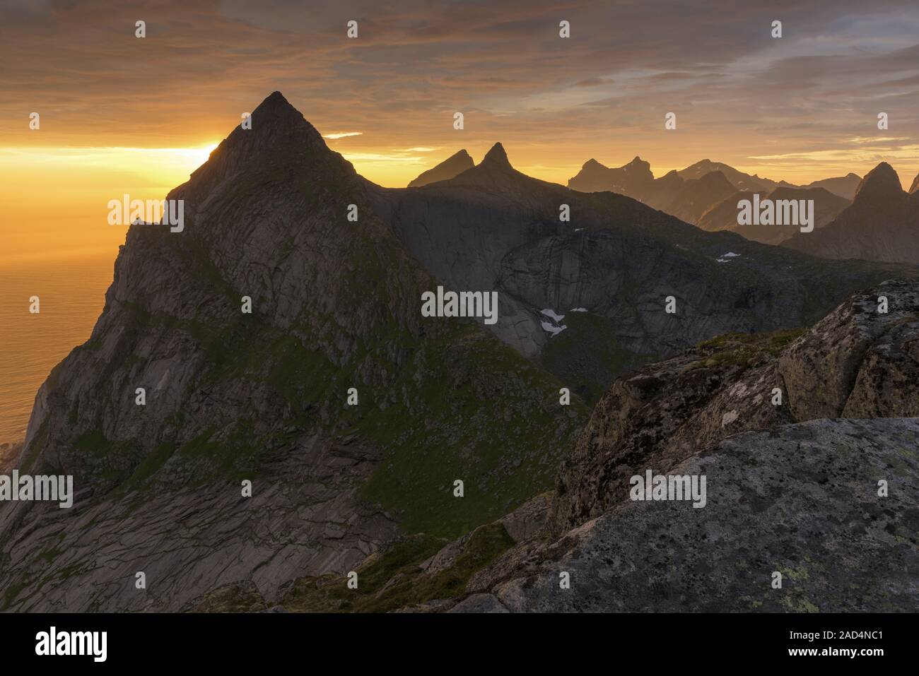 Evening mood in the mountains, Moskenesoeya, Lofoten, Norway Stock ...