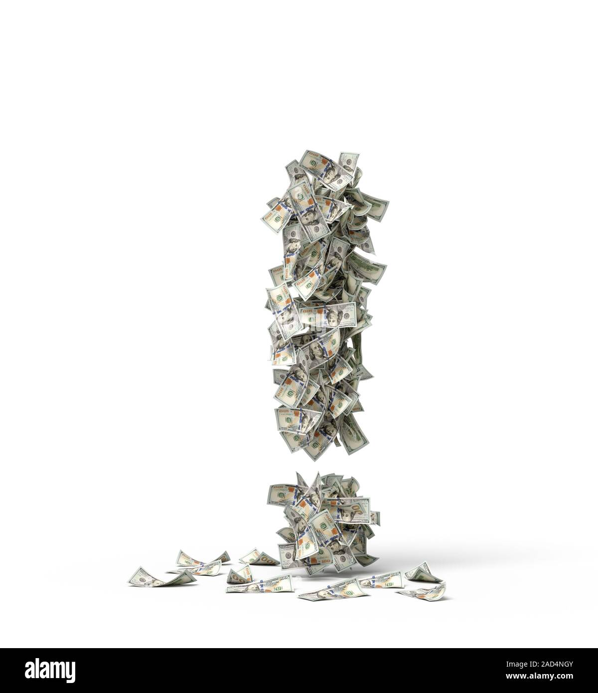 3d rendering of exclamation mark made up of dollar banknotes. Banking ...