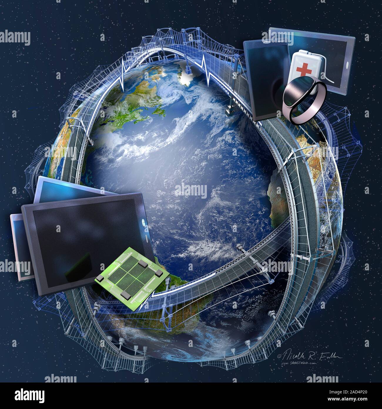 Integrated global computing technology. Conceptual image of computing ...