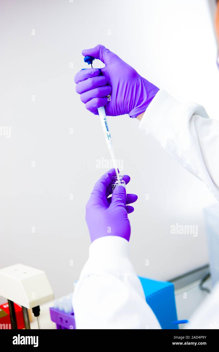 Drug manufacturing pipetting. Close-up of a pipette being used with a ...